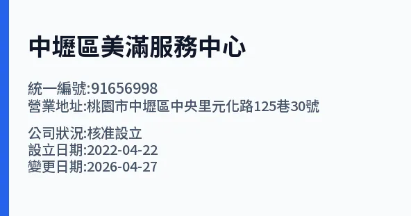 中壢區美滿服務中心的照片-統編 91656998(桃園市) 公司登記資料與營業項目詳細圖表