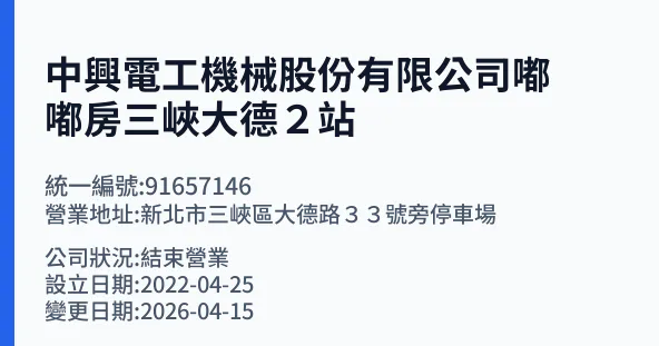 中興電工機械股份有限公司嘟嘟房三峽大德２站的照片-統編 91657146(新北市) 公司登記資料與營業項目詳細圖表
