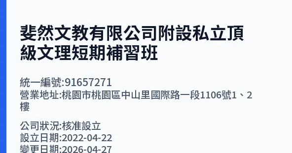 斐然文教有限公司附設私立頂級文理短期補習班的照片-統編 91657271(桃園市) 公司登記資料與營業項目詳細圖表
