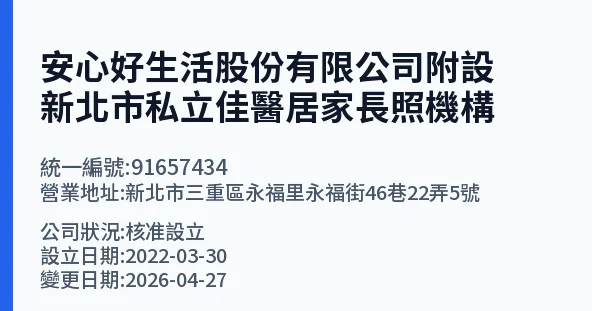 安心好生活股份有限公司附設新北市私立佳醫居家長照機構的照片-統編 91657434(新北市) 公司登記資料與營業項目詳細圖表