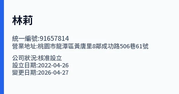 林莉的照片-統編 91657814(桃園市) 公司登記資料與營業項目詳細圖表