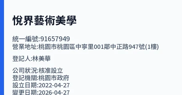 悅界藝術美學的照片-統編 91657949(桃園市) 公司登記資料與營業項目詳細圖表