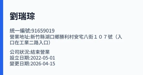 劉瑞琮的照片-統編 91659019(新竹縣) 公司登記資料與營業項目詳細圖表