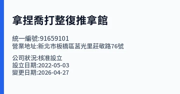拿捏喬打整復推拿館的照片-統編 91659101(新北市) 公司登記資料與營業項目詳細圖表