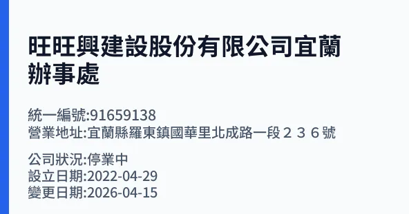 旺旺興建設股份有限公司宜蘭辦事處的照片-統編 91659138(宜蘭縣) 公司登記資料與營業項目詳細圖表