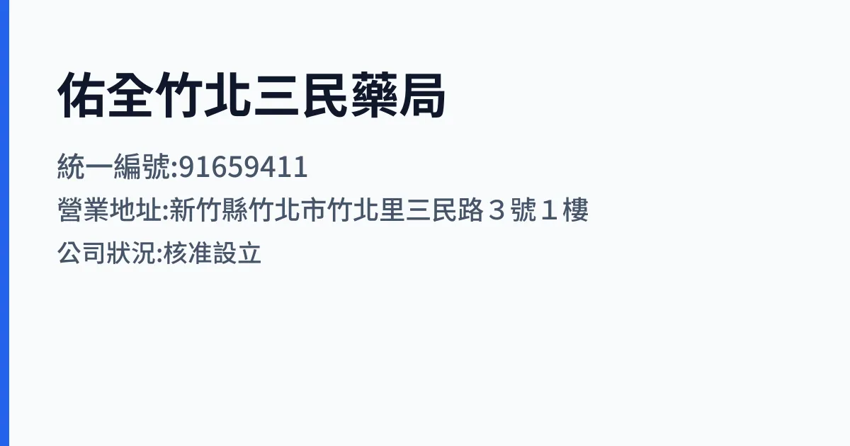 佑全竹北三民藥局 - 統編 91659411(新竹縣) 公司登記資料與營業項目詳細圖表