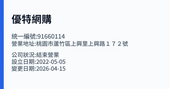 優特網購的照片-統編 91660114(桃園市) 公司登記資料與營業項目詳細圖表