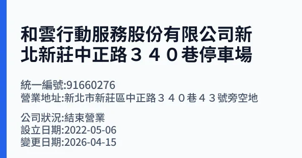 和雲行動服務股份有限公司新北新莊中正路３４０巷停車場的照片-統編 91660276(新北市) 公司登記資料與營業項目詳細圖表