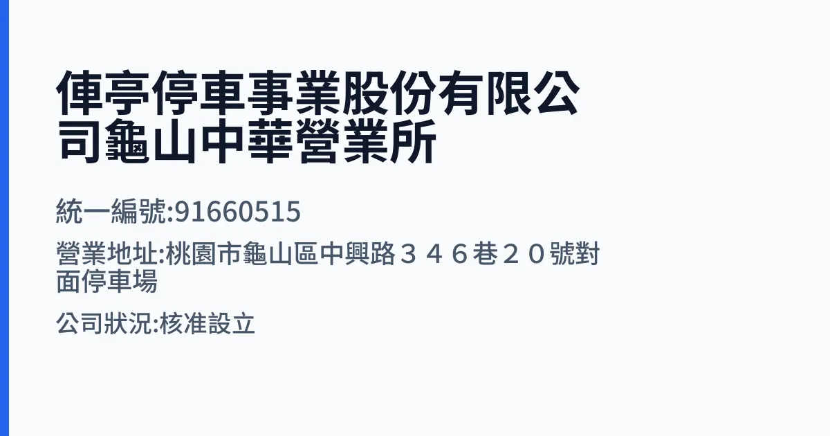 俥亭停車事業股份有限公司龜山中華營業所 - 統編 91660515(桃園市) 公司登記資料與營業項目詳細圖表
