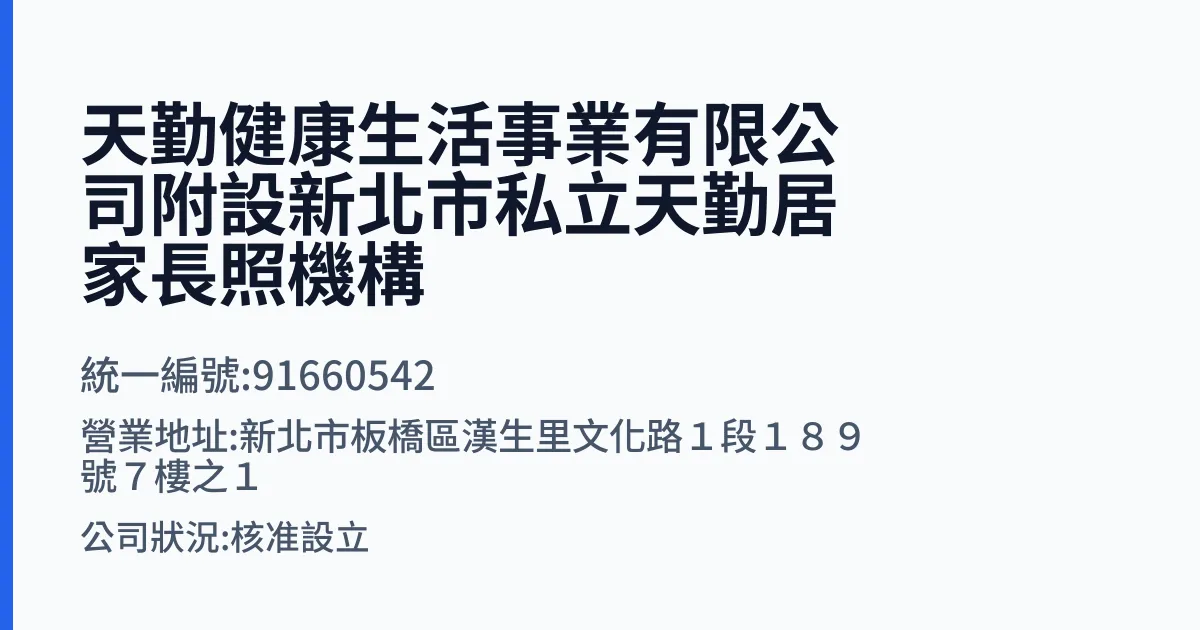 天勤健康生活事業有限公司附設新北市私立天勤居家長照機構 - 統編 91660542(新北市) 公司登記資料與營業項目詳細圖表