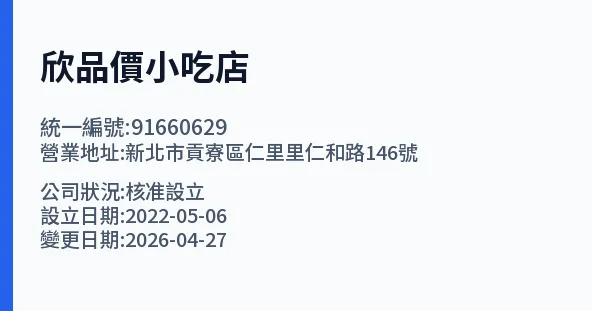 欣品價小吃店的照片-統編 91660629(新北市) 公司登記資料與營業項目詳細圖表