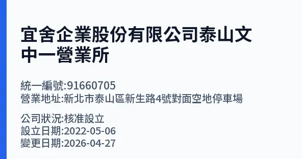 宜舍企業股份有限公司泰山文中一營業所的照片-統編 91660705(新北市) 公司登記資料與營業項目詳細圖表