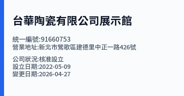 台華陶瓷有限公司展示館的照片-統編 91660753(新北市) 公司登記資料與營業項目詳細圖表