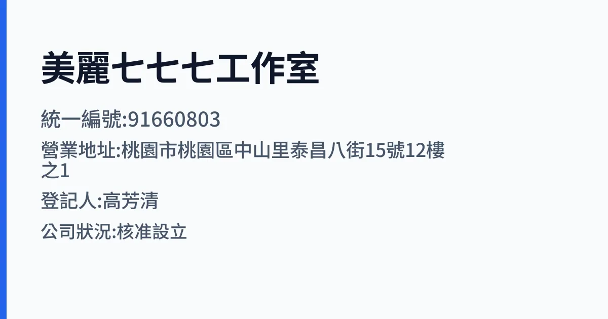 美麗七七七工作室 - 統編 91660803(桃園市) 公司登記資料與營業項目詳細圖表