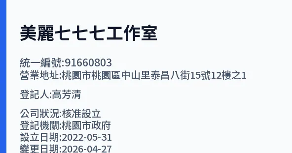 美麗七七七工作室的照片-統編 91660803(桃園市) 公司登記資料與營業項目詳細圖表