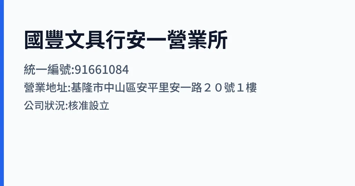 國豐文具行安一營業所 - 統編 91661084(基隆市) 公司登記資料與營業項目詳細圖表