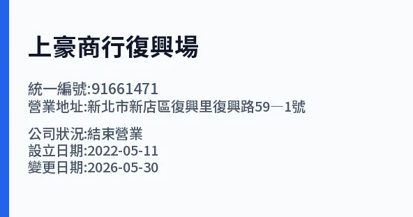 上豪商行復興場的照片-統編 91661471(新北市) 公司登記資料與營業項目詳細圖表