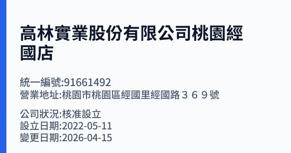 高林實業股份有限公司桃園經國店的照片-統編 91661492(桃園市) 公司登記資料與營業項目詳細圖表