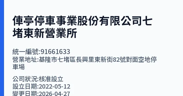 俥亭停車事業股份有限公司七堵東新營業所的照片-統編 91661633(基隆市) 公司登記資料與營業項目詳細圖表