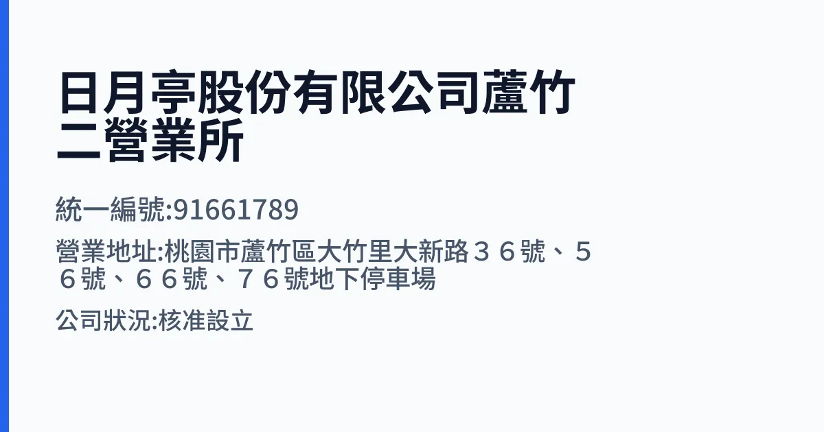 日月亭股份有限公司蘆竹二營業所 - 統編 91661789（桃園市） 公司登記資料與營業項目詳細圖表