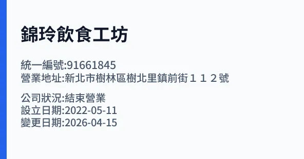 錦玲飲食工坊的照片-統編 91661845(新北市) 公司登記資料與營業項目詳細圖表