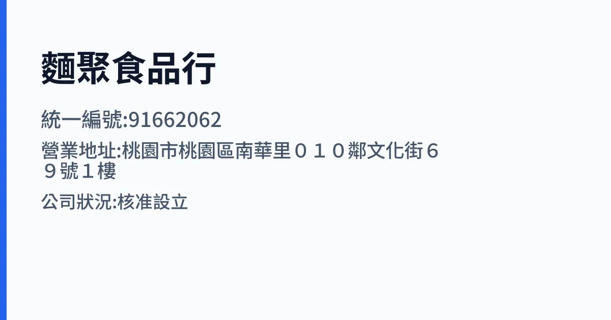 麵聚食品行 - 統編 91662062(桃園市) 公司登記資料與營業項目詳細圖表