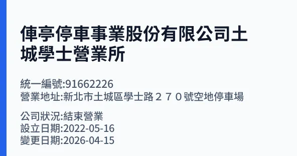 俥亭停車事業股份有限公司土城學士營業所的照片-統編 91662226(新北市) 公司登記資料與營業項目詳細圖表