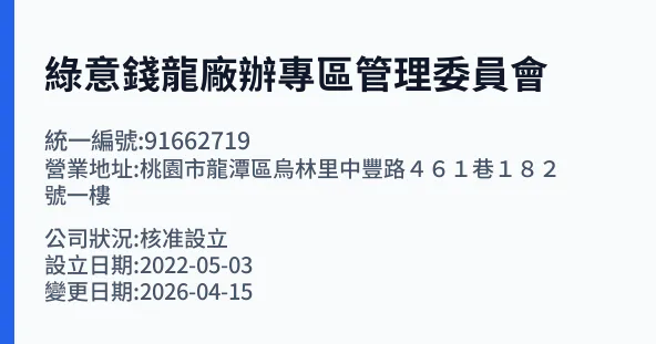綠意錢龍廠辦專區管理委員會的照片-統編 91662719(桃園市) 公司登記資料與營業項目詳細圖表