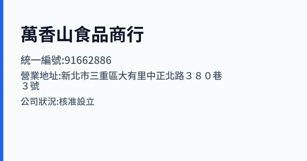 萬香山食品商行 - 統編 91662886(新北市) 公司登記資料與營業項目詳細圖表