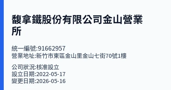 馥拿鐵股份有限公司金山營業所的照片-統編 91662957(新竹市) 公司登記資料與營業項目詳細圖表