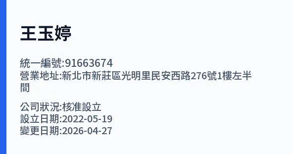 王玉婷的照片-統編 91663674(新北市) 公司登記資料與營業項目詳細圖表