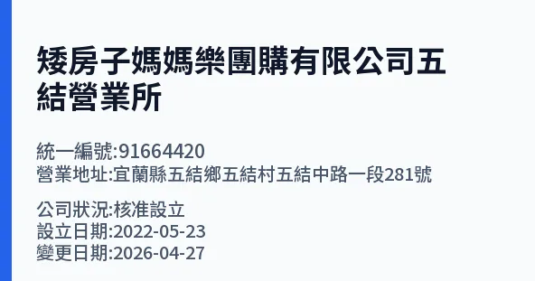 矮房子媽媽樂團購有限公司五結營業所的照片-統編 91664420(宜蘭縣) 公司登記資料與營業項目詳細圖表