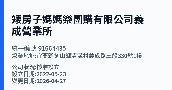 矮房子媽媽樂團購有限公司義成營業所的照片-統編 91664435(宜蘭縣) 公司登記資料與營業項目詳細圖表