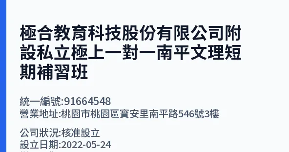 極合教育科技股份有限公司附設私立極上一對一南平文理短期補習班的照片-統編 91664548(桃園市) 公司登記資料與營業項目詳細圖表
