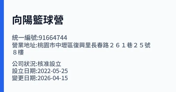 向陽籃球營的照片-統編 91664744(桃園市) 公司登記資料與營業項目詳細圖表
