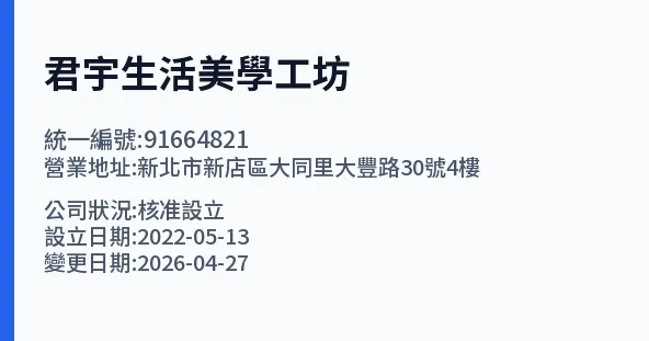 君宇生活美學工坊的照片-統編 91664821(新北市) 公司登記資料與營業項目詳細圖表