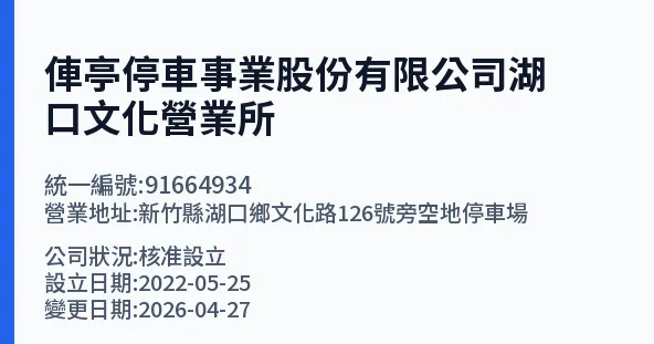 俥亭停車事業股份有限公司湖口文化營業所的照片-統編 91664934(新竹縣) 公司登記資料與營業項目詳細圖表