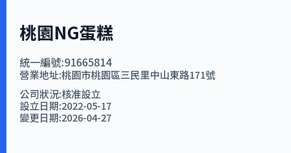 桃園NG蛋糕的照片-統編 91665814(桃園市) 公司登記資料與營業項目詳細圖表