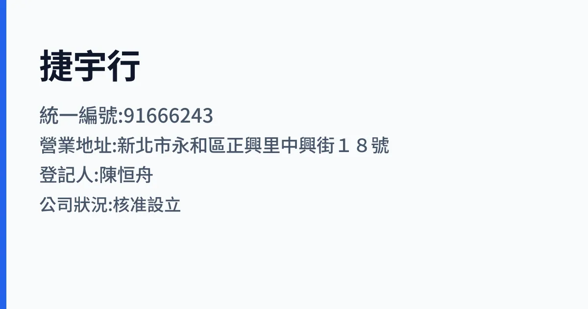 捷宇行 - 統編 91666243（新北市） 公司登記資料與營業項目詳細圖表