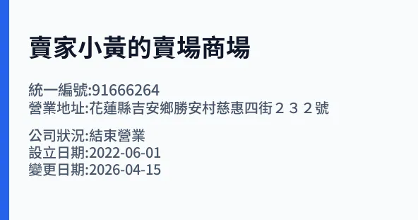 賣家小黃的賣場商場的照片-統編 91666264(花蓮縣) 公司登記資料與營業項目詳細圖表