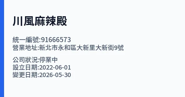 川風麻辣殿的照片-統編 91666573(新北市) 公司登記資料與營業項目詳細圖表