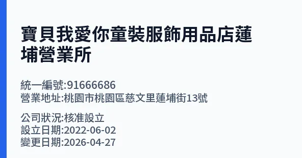 寶貝我愛你童裝服飾用品店蓮埔營業所的照片-統編 91666686(桃園市) 公司登記資料與營業項目詳細圖表