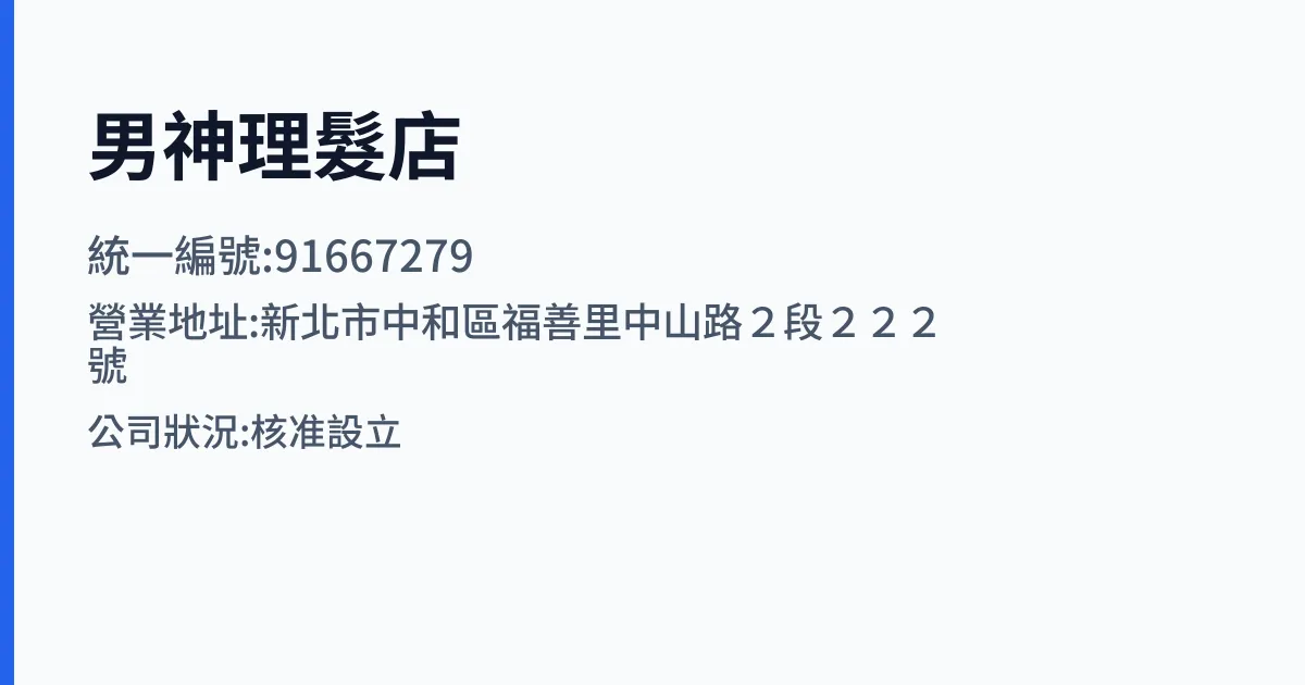 男神理髮店 - 統編 91667279(新北市) 公司登記資料與營業項目詳細圖表