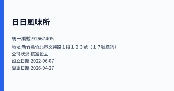 日日風味所的照片-統編 91667405(新竹縣) 公司登記資料與營業項目詳細圖表