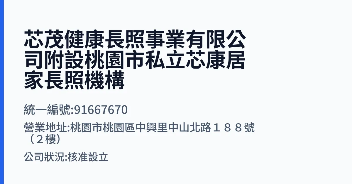 芯茂健康長照事業有限公司附設桃園市私立芯康居家長照機構 - 統編 91667670(桃園市) 公司登記資料與營業項目詳細圖表