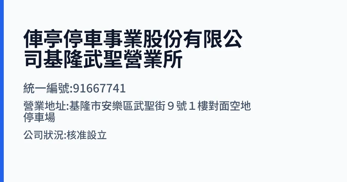 俥亭停車事業股份有限公司基隆武聖營業所 - 統編 91667741(基隆市) 公司登記資料與營業項目詳細圖表