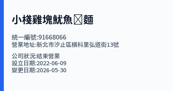 小棧雞塊魷魚焿麵的照片-統編 91668066(新北市) 公司登記資料與營業項目詳細圖表