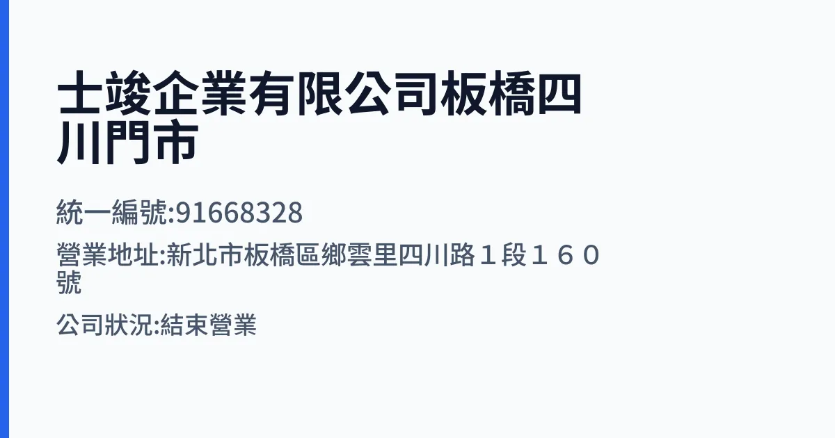 士竣企業有限公司板橋四川門市 - 統編 91668328(新北市) 公司登記資料與營業項目詳細圖表