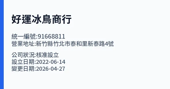 好運冰鳥商行的照片-統編 91668811(新竹縣) 公司登記資料與營業項目詳細圖表