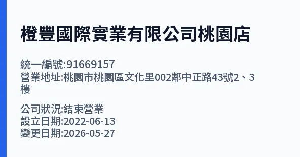 橙豐國際實業有限公司桃園店的照片-統編 91669157(桃園市) 公司登記資料與營業項目詳細圖表